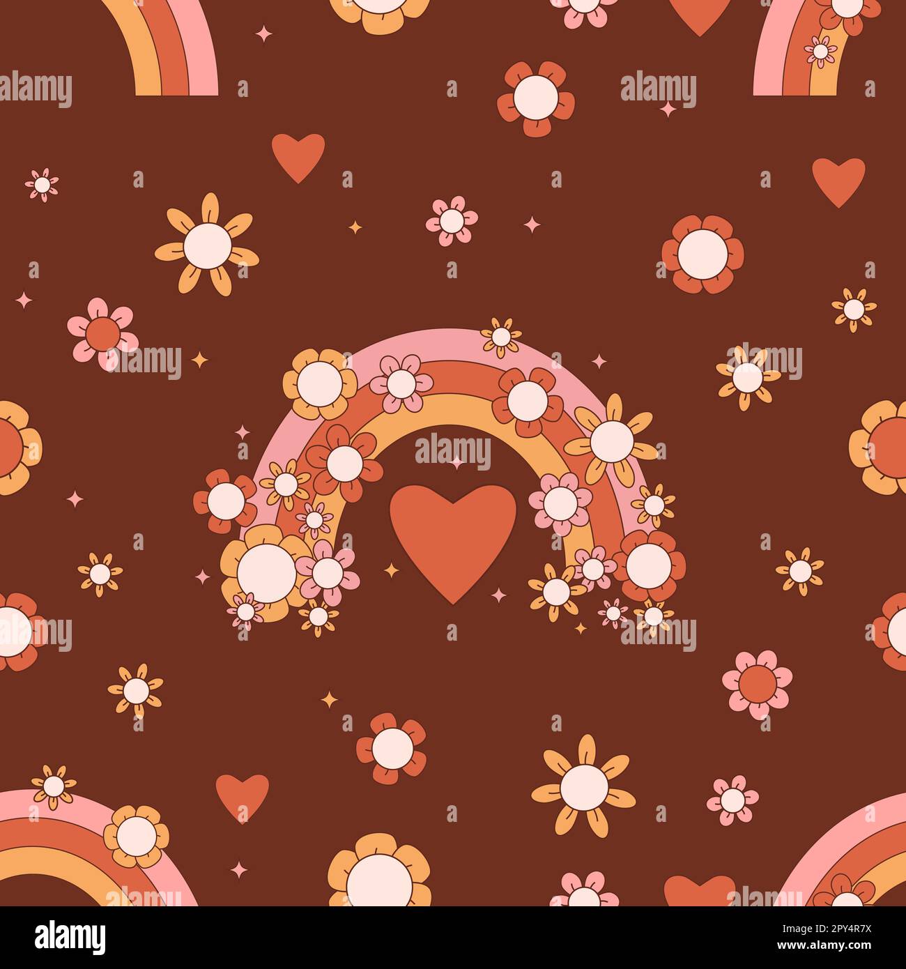 Retro Groovy seamless pattern. Rainbow with Daisy Flowers on brown ...