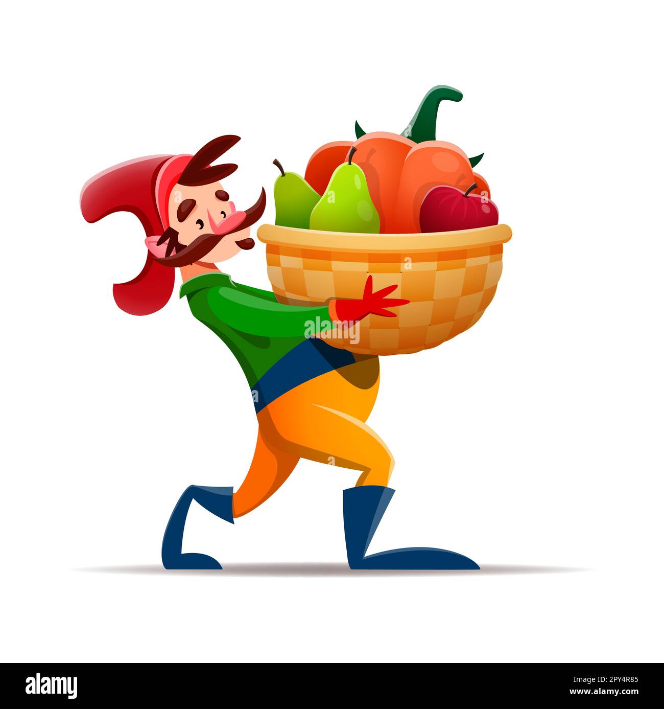 Cartoon gnome dwarf character with harvest basket, vector farmer man ...