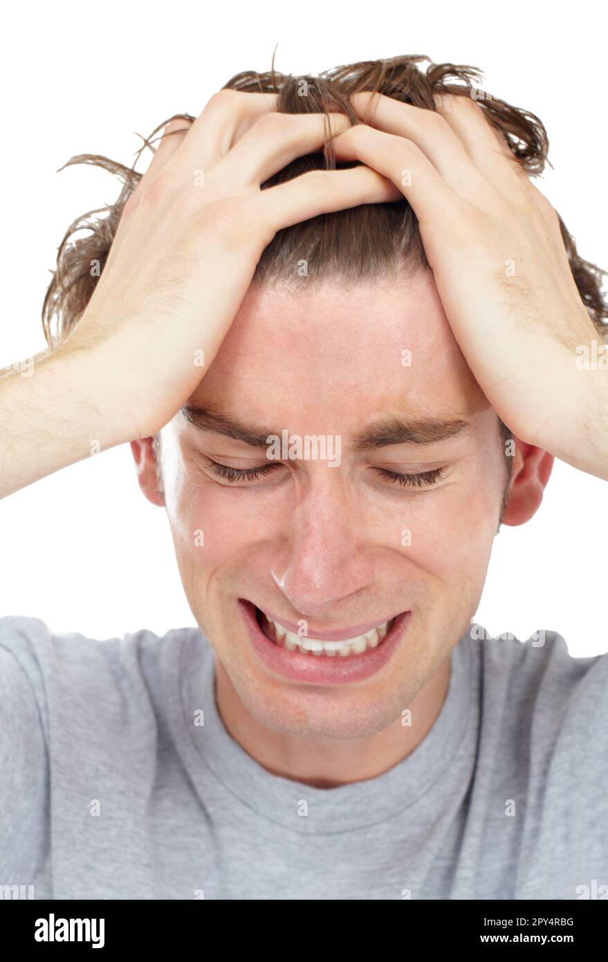 Man, frustrated crying and loss in studio for mental health problem ...