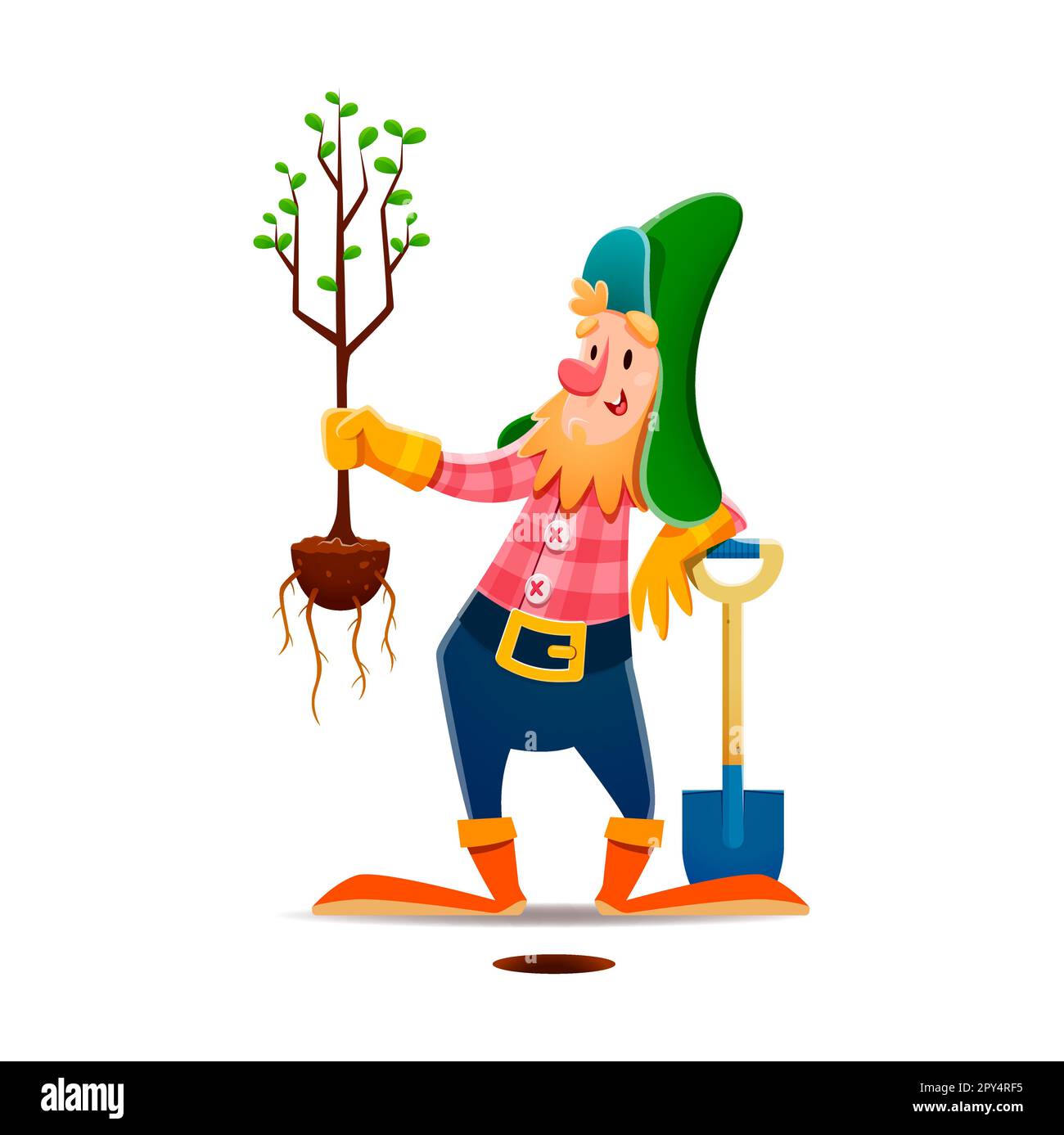 Cartoon gnome or dwarf character planting a seedling. Garden gnome ...