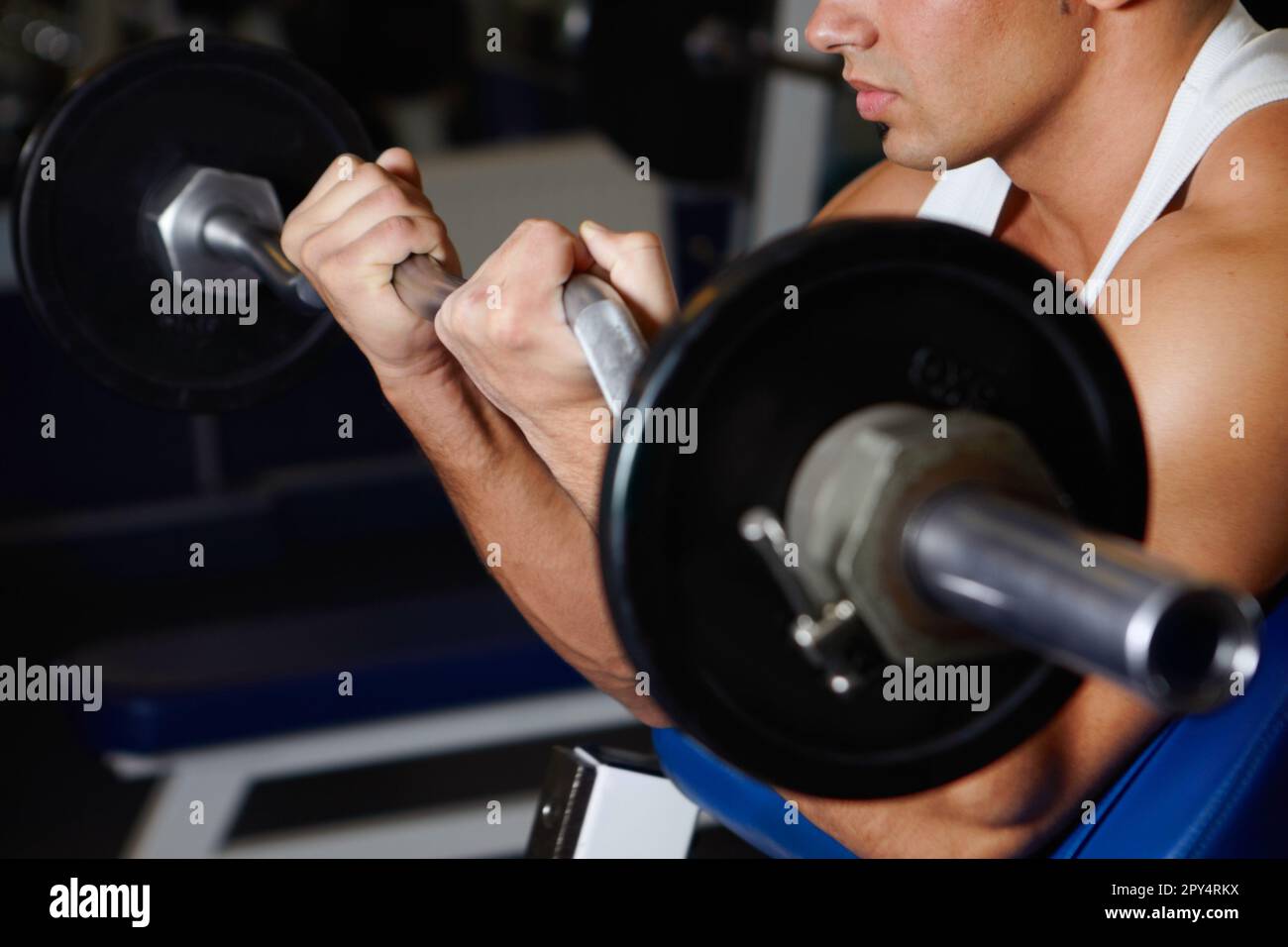 Bench curling hands, barbell and man with iron, metal or steel gym ...