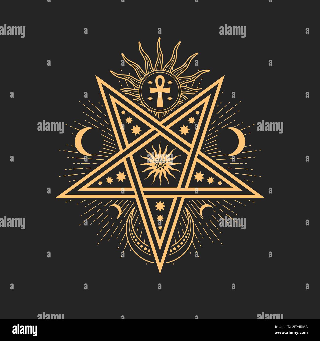 Esoteric occult vector sign with pentagram star, crescent, Sun and ankh ...