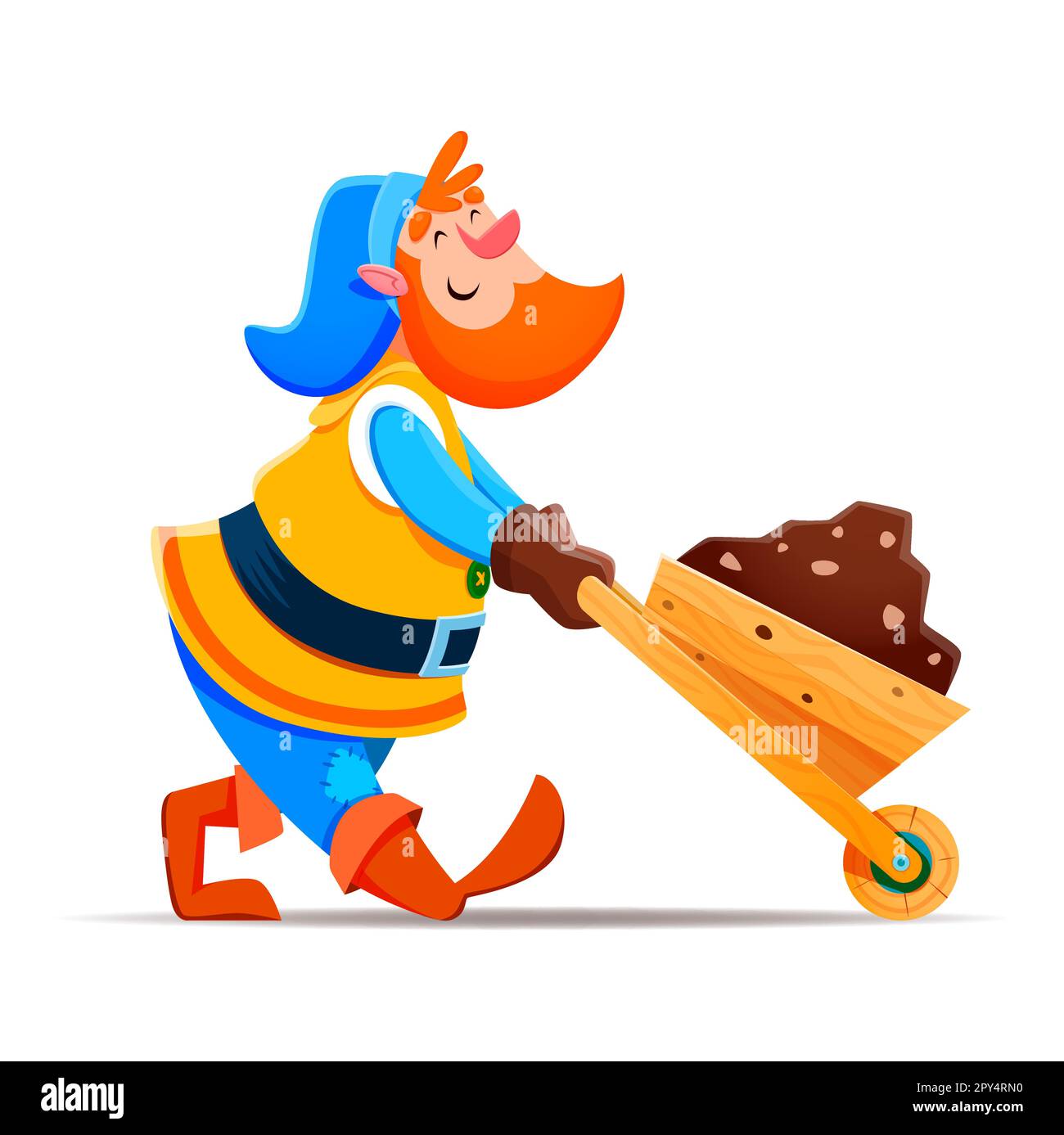 Cartoon gnome dwarf miner character with wheelbarrow, vector fairy tale ...