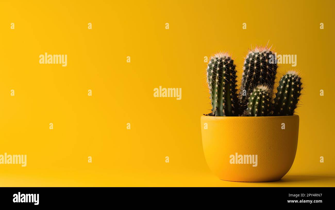 Cactus in yellow pot on yellow background with copy space. Minimal ...