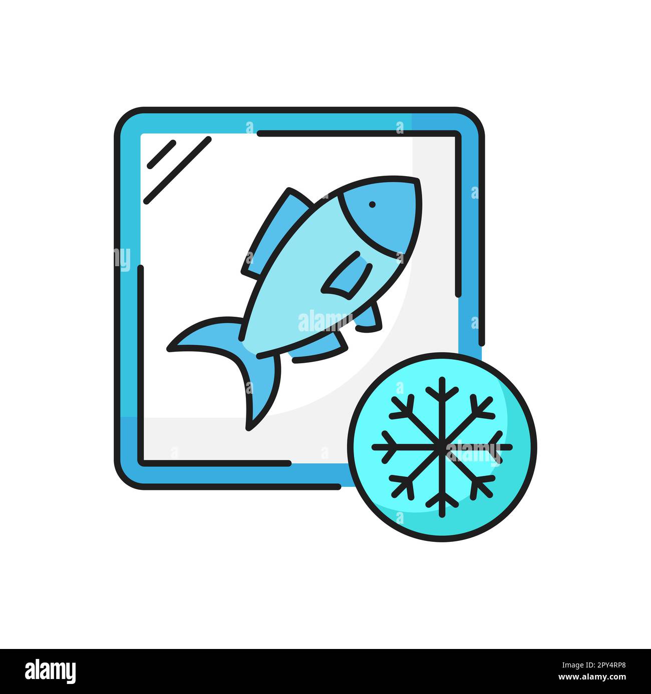 Fishing industry, frozen fish thermal bag line icon. Seafood production ...