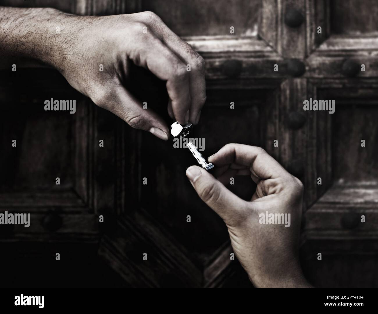 Helping hand, nut and bolt, connect in teamwork for maintenance or home ...