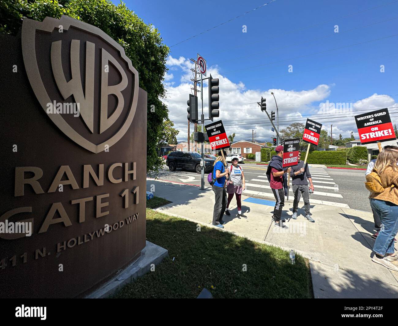 Burbank, California, USA. 2nd May, 2023. Picketers hold signs as they ...