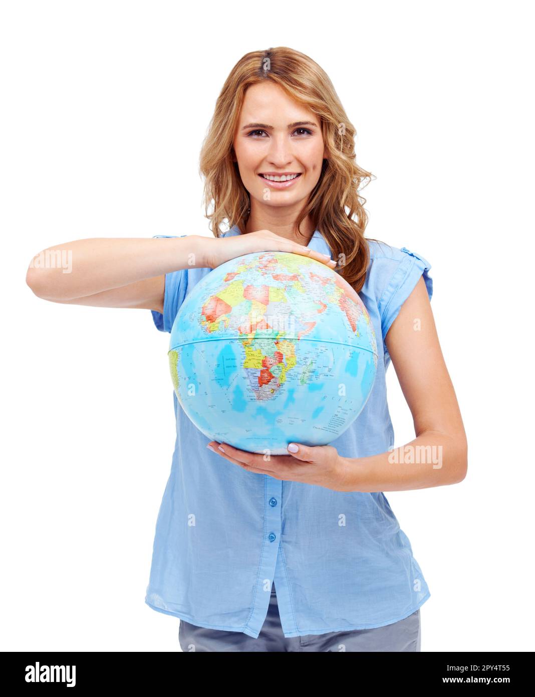 Smile, portrait and woman with a globe in a studio for global maps ...