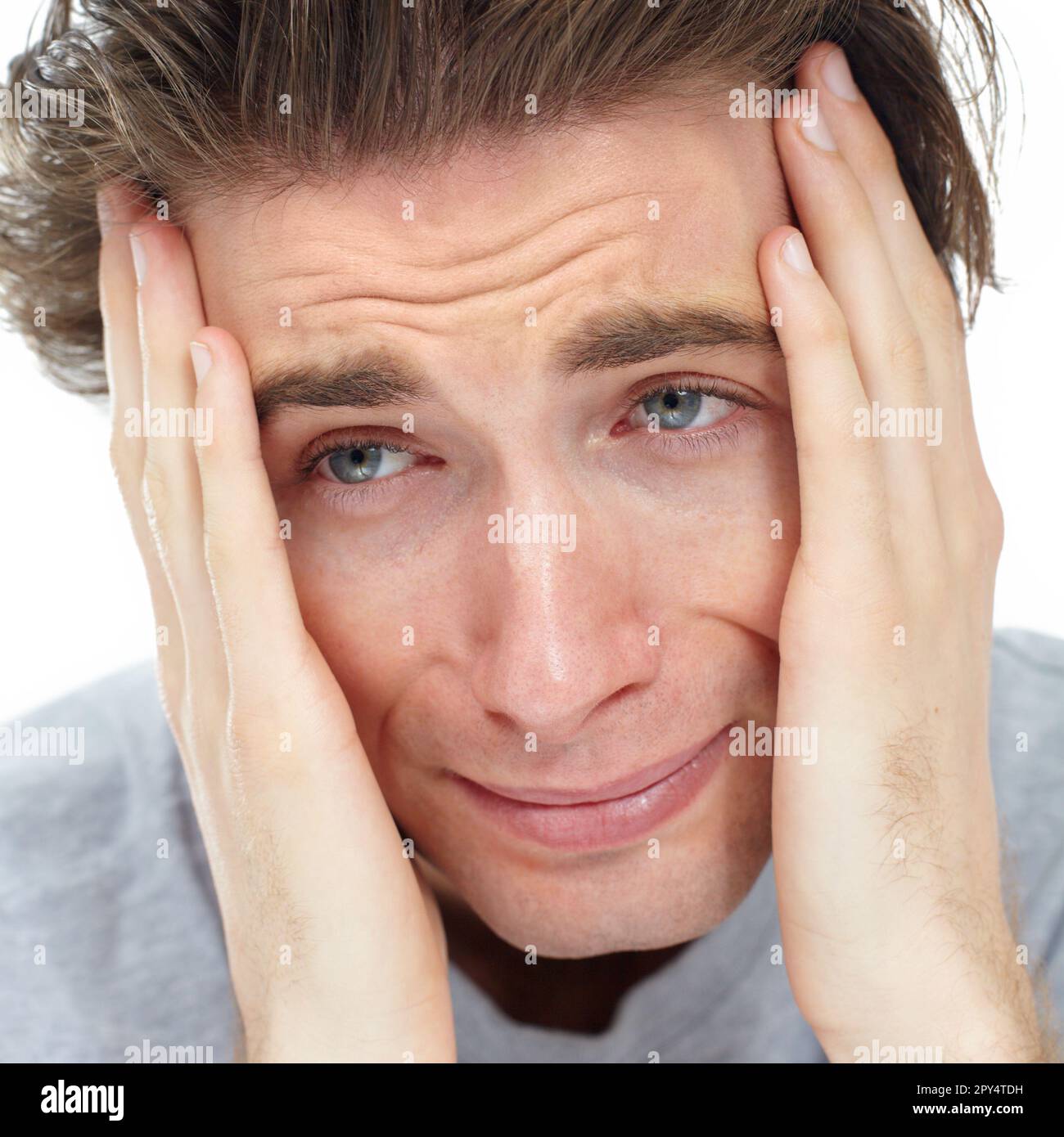 Man, depressed thinking and hands in studio with fear, mental health ...