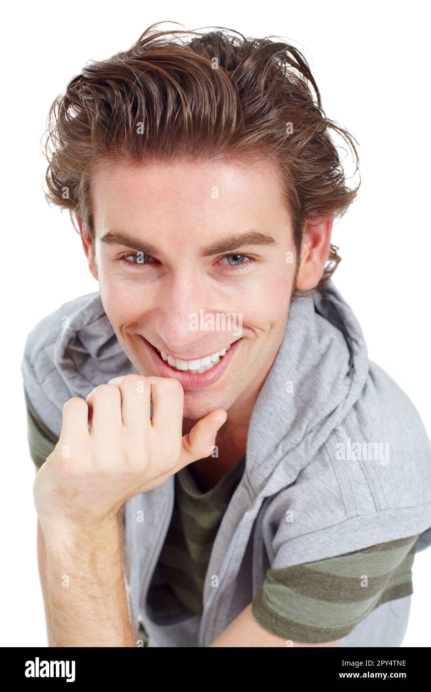 Happy, smile and relax with portrait of man in studio for confidence ...