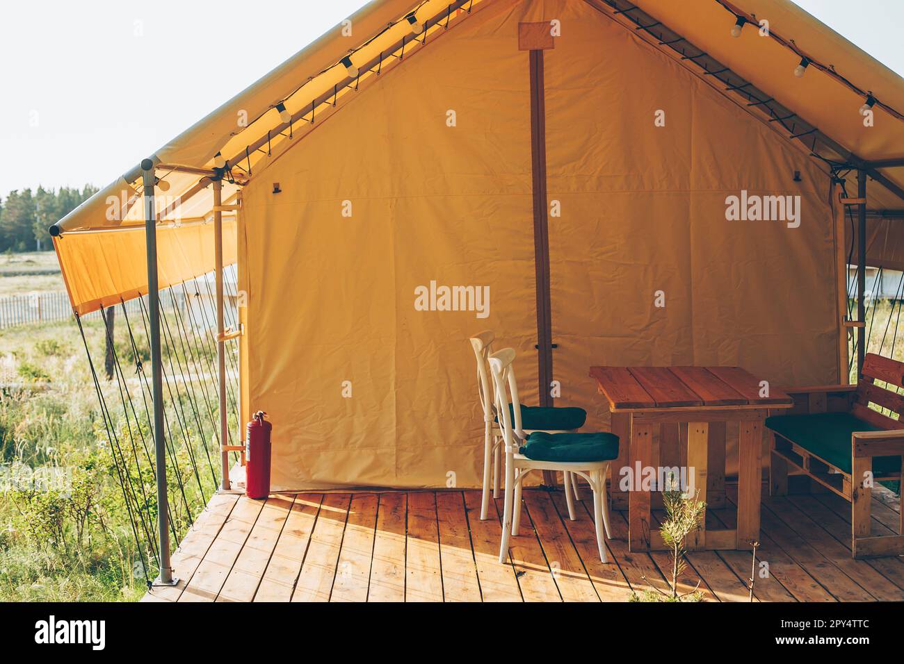 Glamping tent. Glamping travel. Tent house in forest. Camping and ...