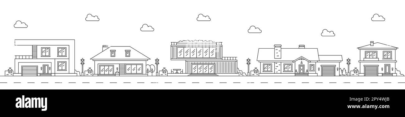 Neighborhood line art, outline village or town houses and buildings ...