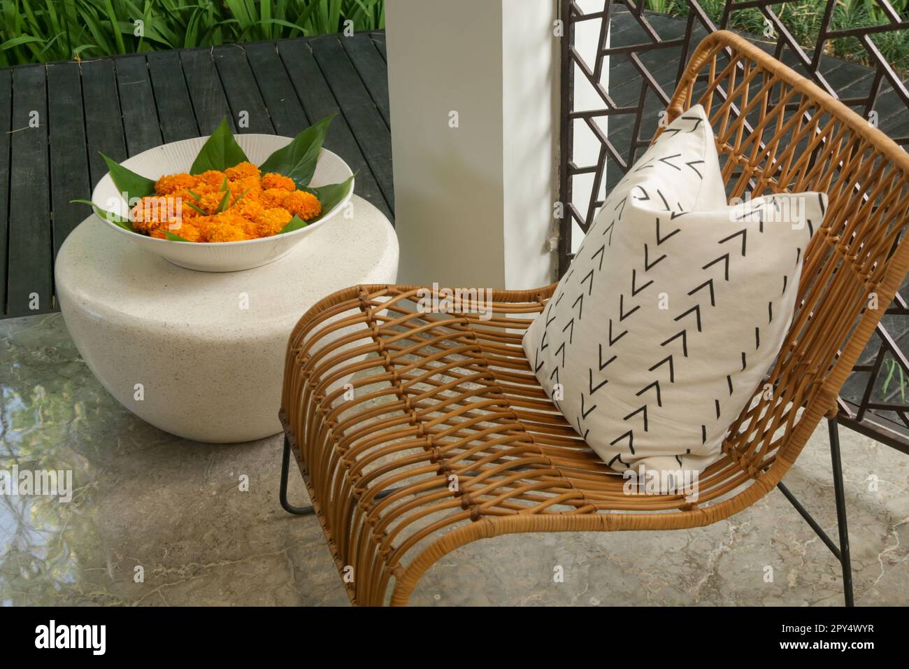 Half opened lounge area with all natural materials made furniture ...