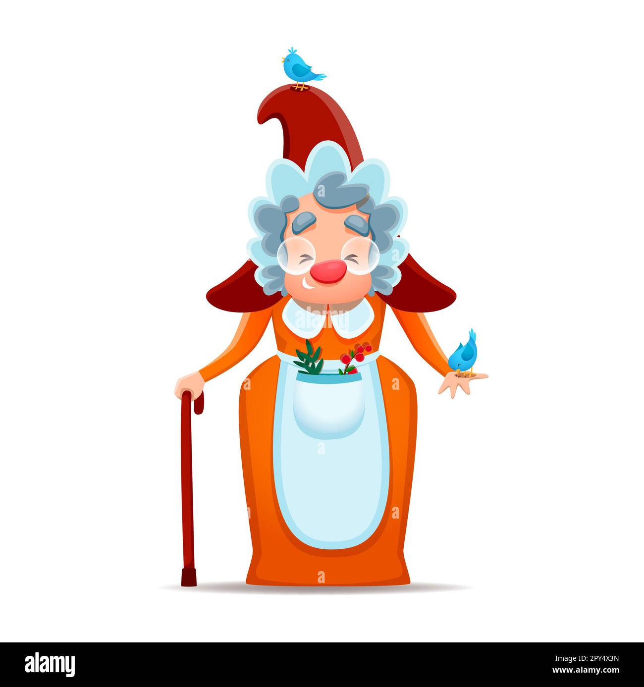 Cartoon woman gnome dwarf character feeding birds, vector funny elf ...