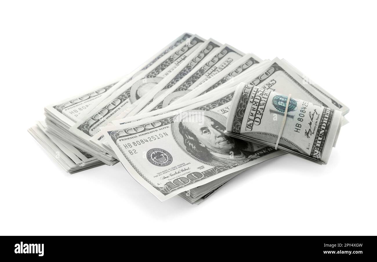 Many dollar banknotes on white background. American national currency ...