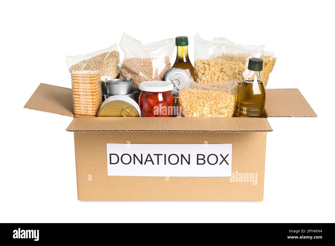 Donation box with food isolated on white Stock Photo - Alamy