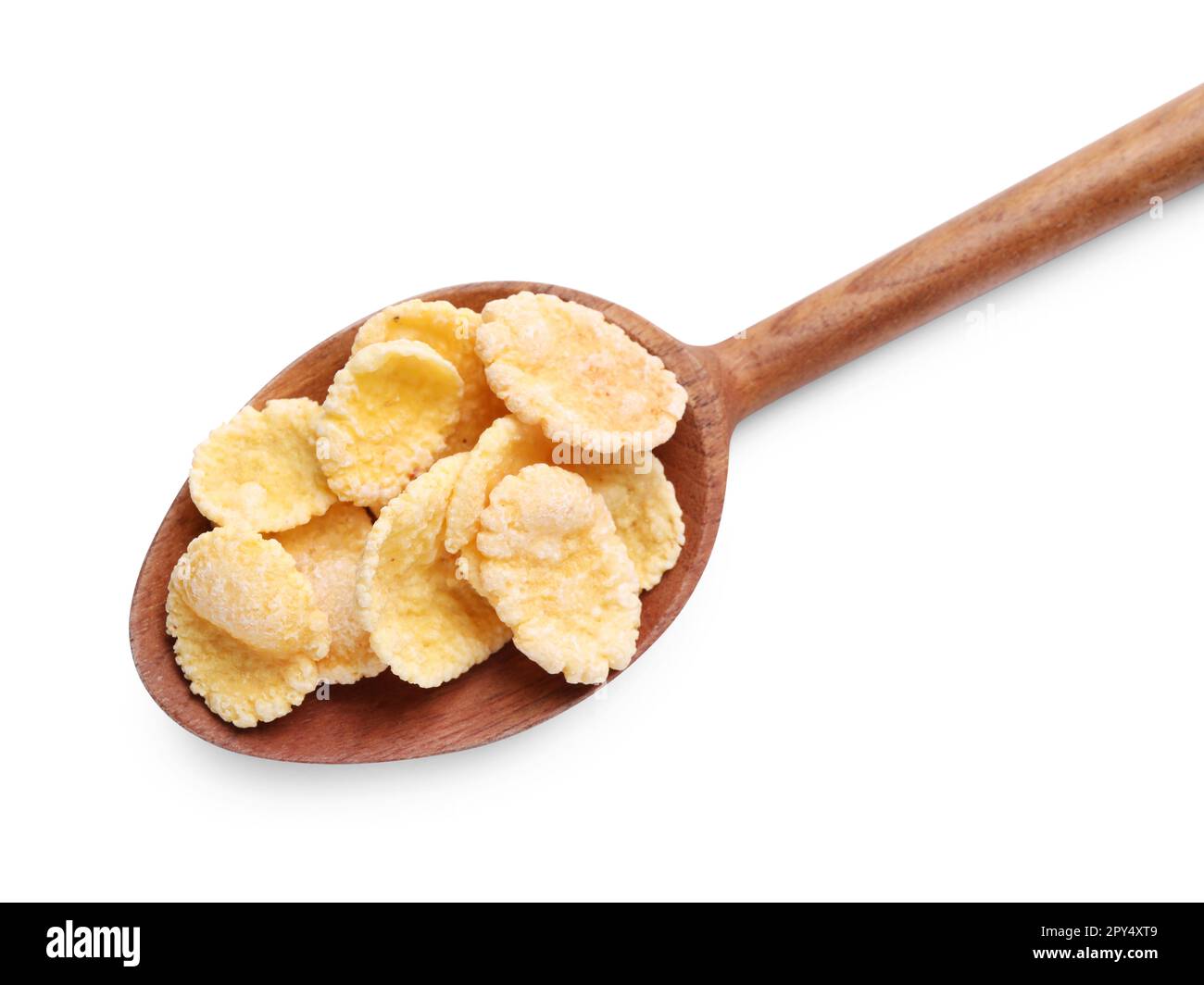 Wooden spoon of tasty crispy corn flakes on white background, top view ...