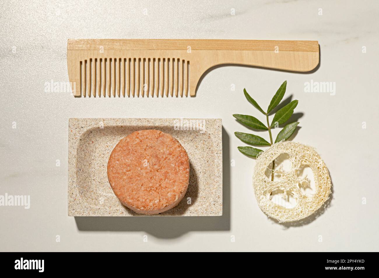 Flat lay composition with solid shampoo bar on white table Stock Photo ...