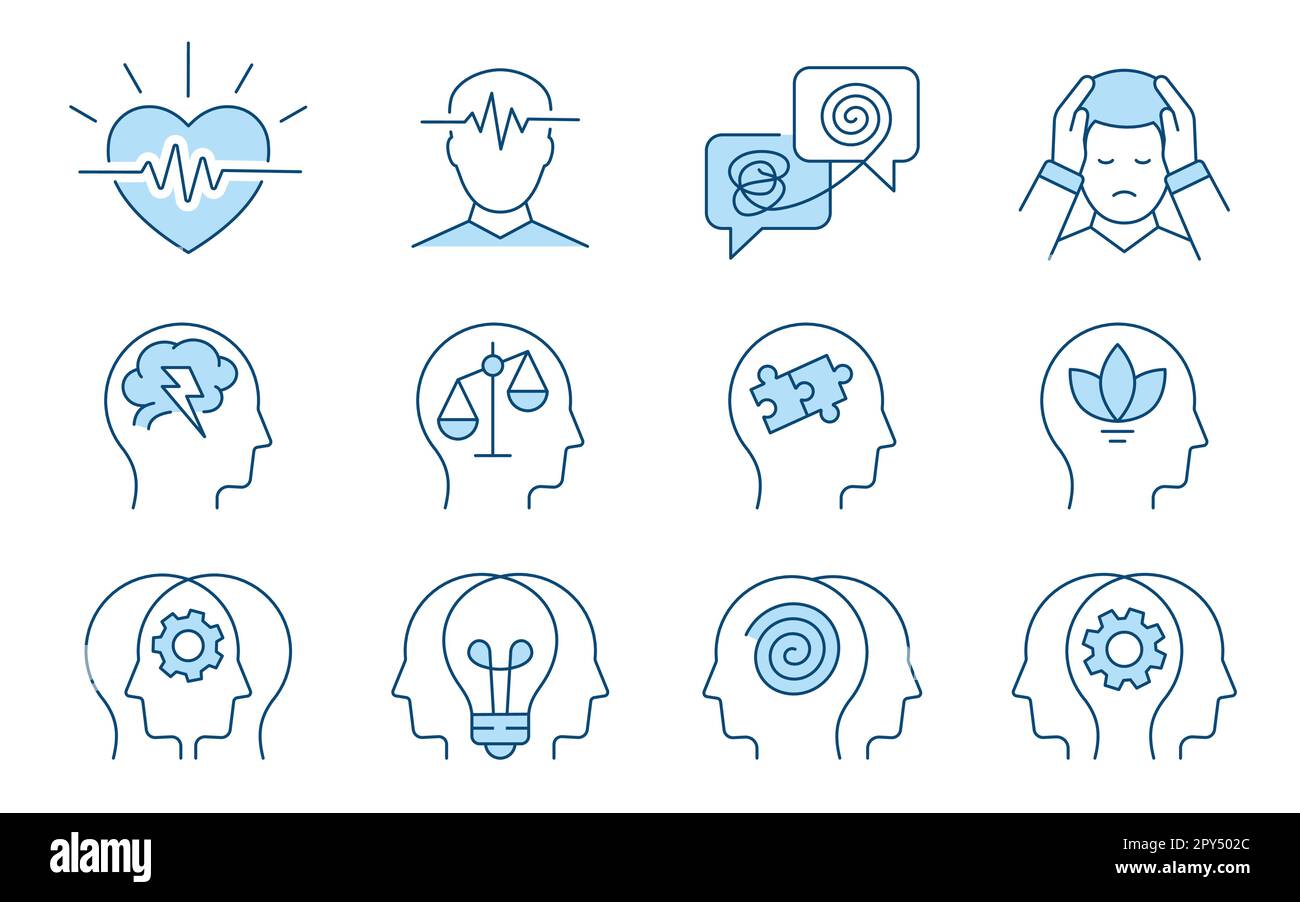 Mental health icons, such as psychology, anxiety, therapy, panic attack ...