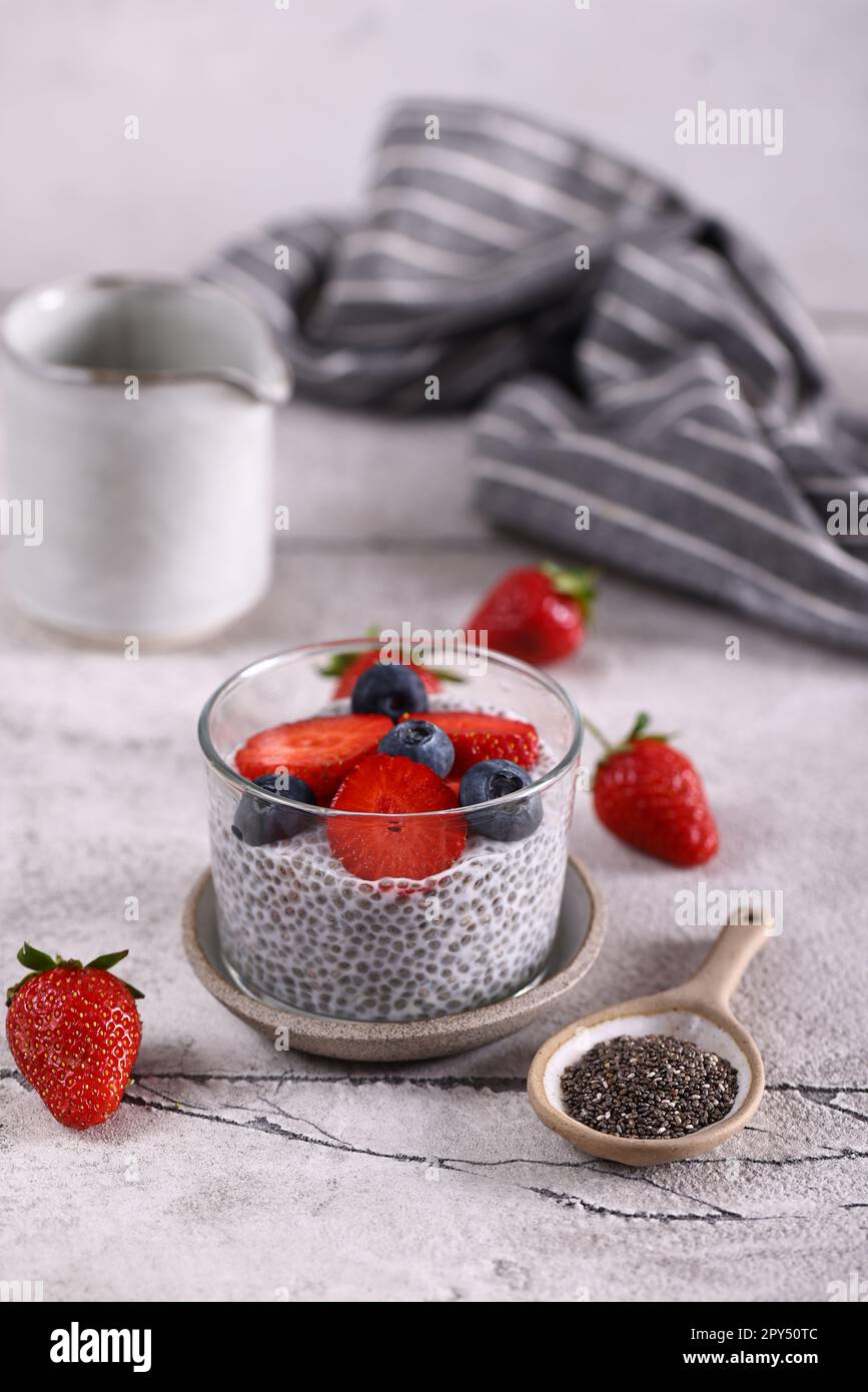 chia pudding with fresh berries, healthy food Stock Photo - Alamy