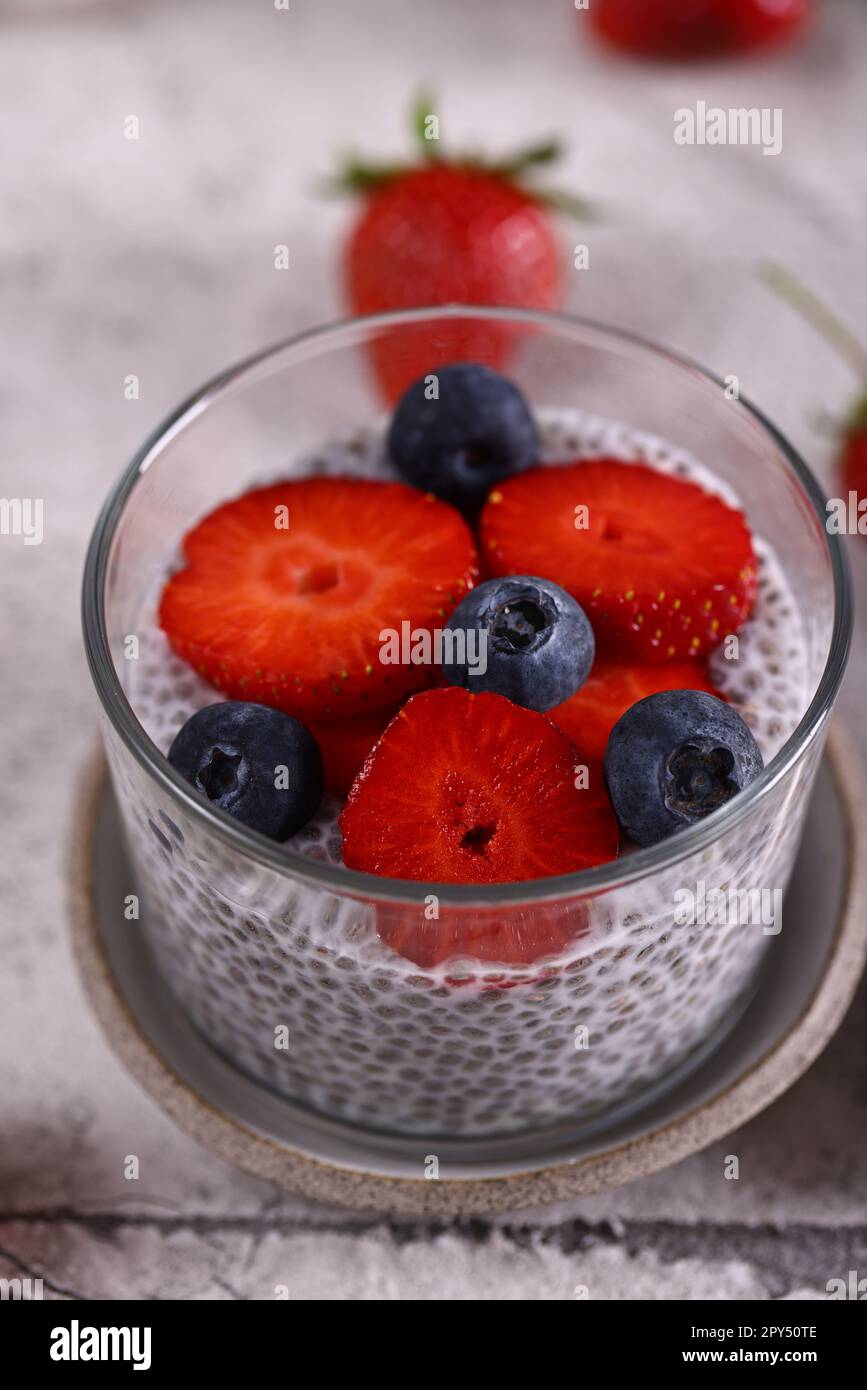 chia pudding with fresh berries, healthy food Stock Photo - Alamy