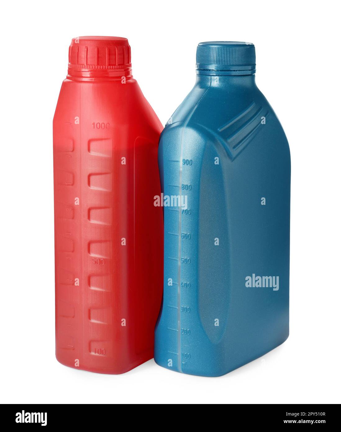 Plastic bottles with liquids on white background Stock Photo - Alamy