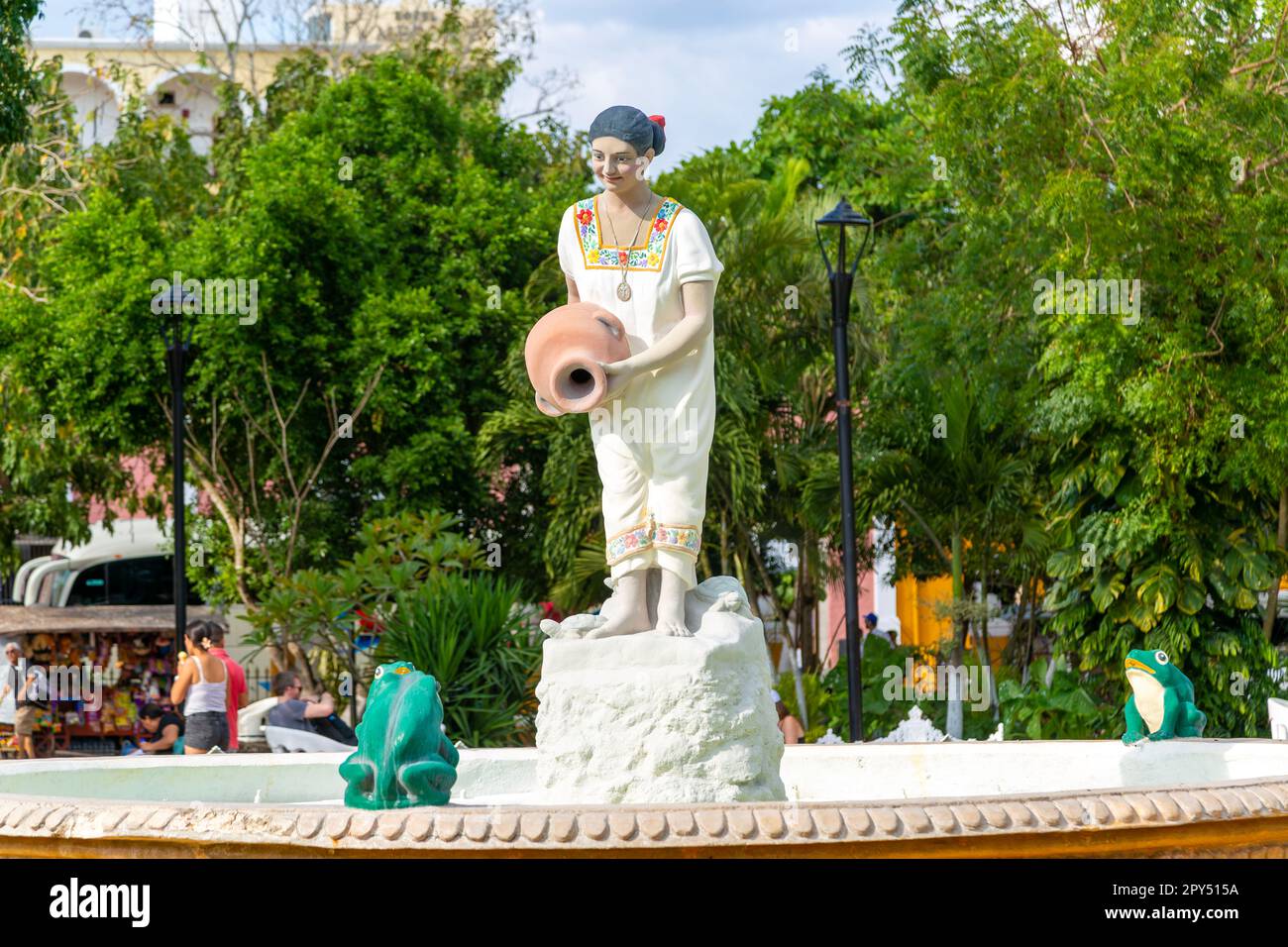 Female Mayan figure woman holding water jug in fountain, Francisco ...