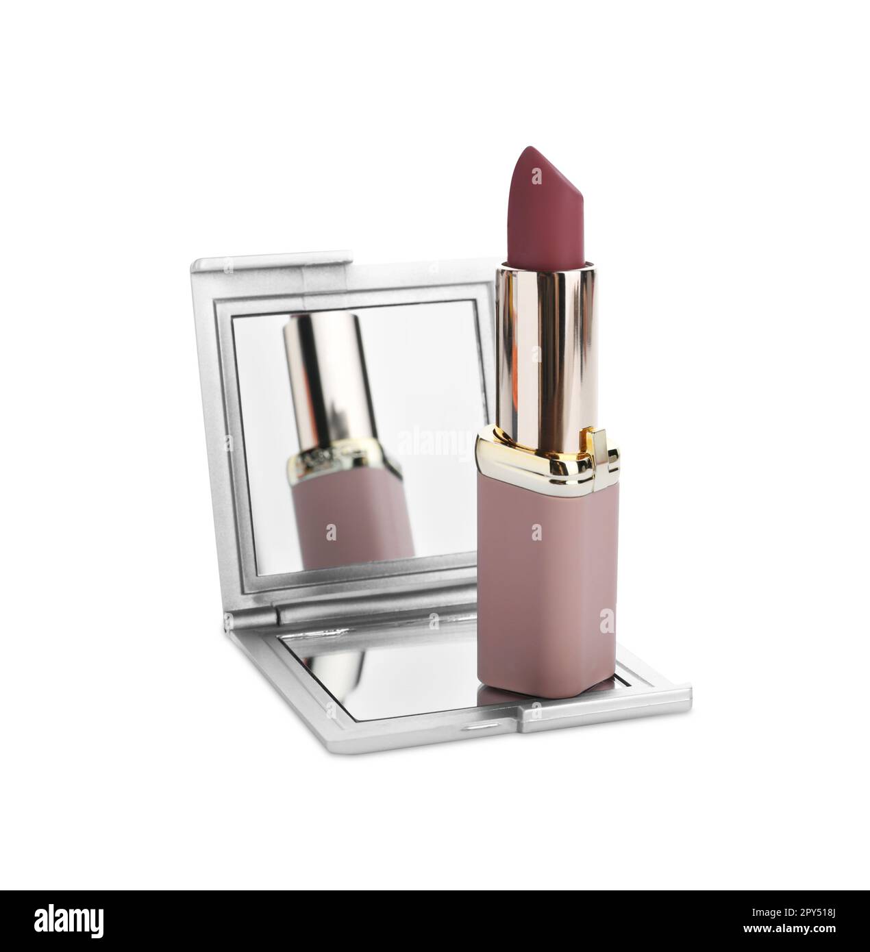 Stylish cosmetic pocket mirror and lipstick on white background Stock Photo - Alamy