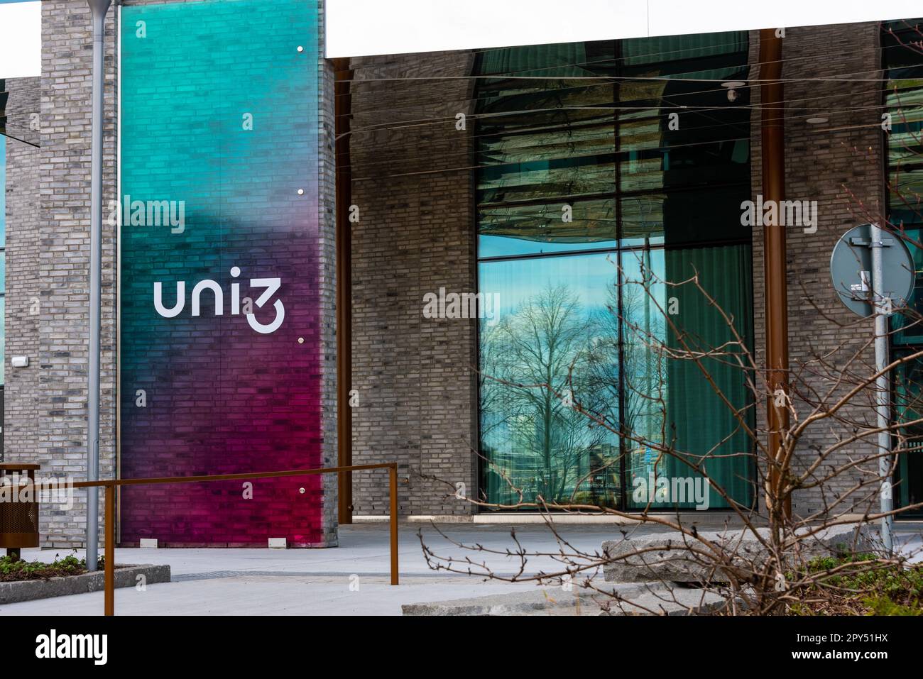 Gothenburg, Sweden - April 03 2022: Uni3 logo by the entrance of an ...