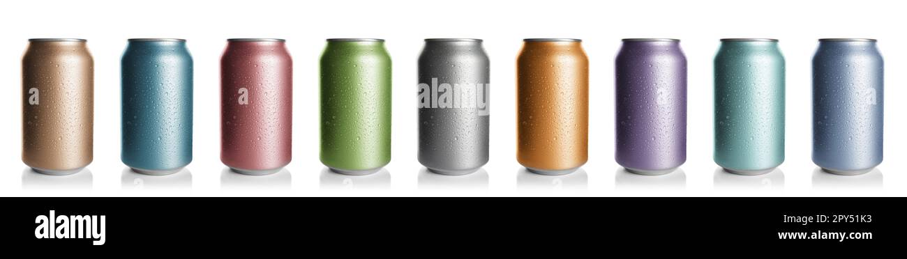 Set with different colorful aluminium cans of beverage on white ...