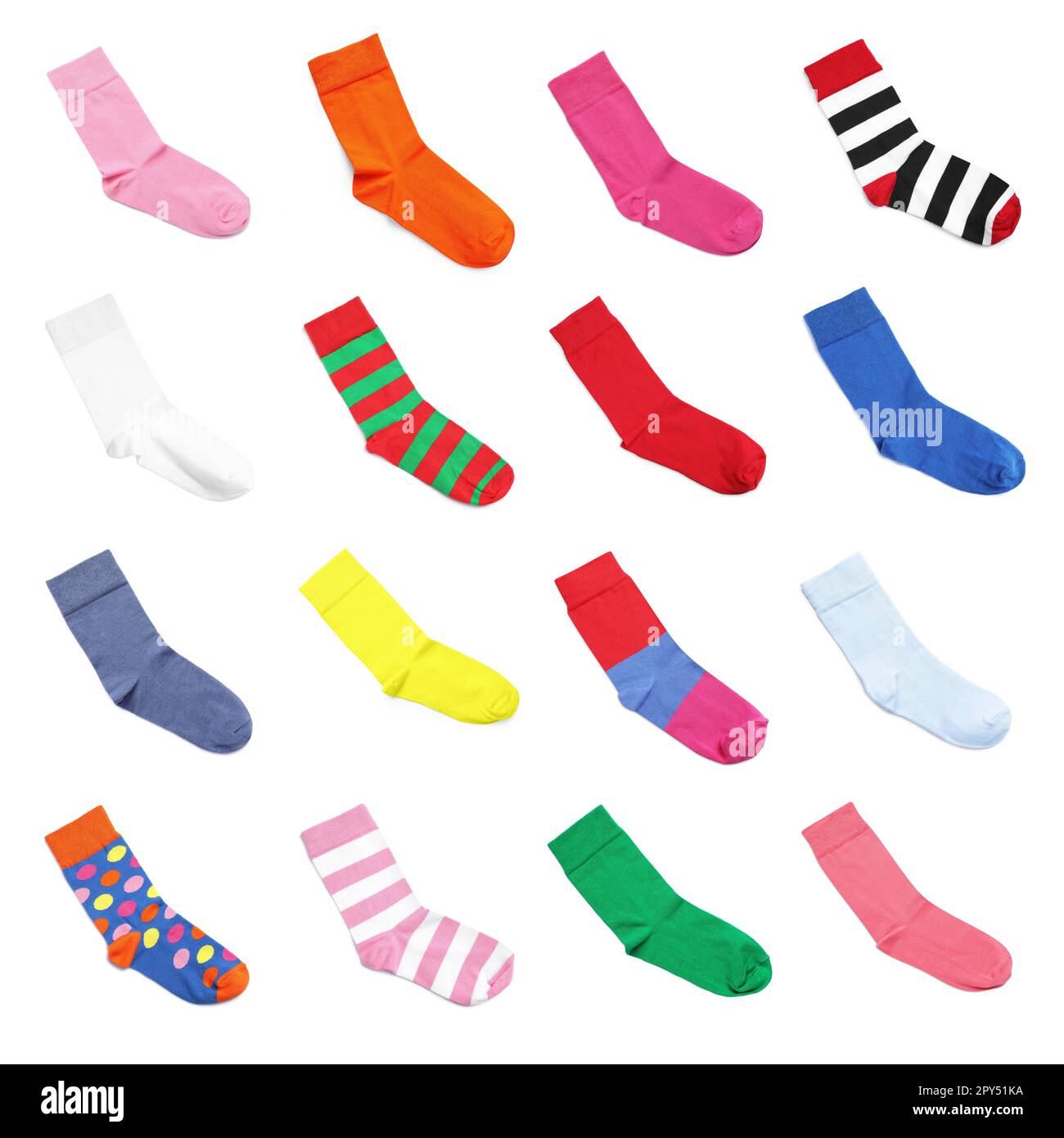 Set with pairs of different socks on white background, top view Stock ...