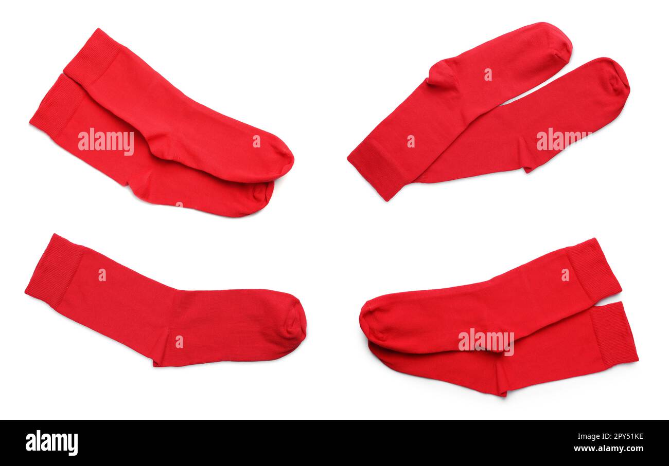 Set with pairs of red socks on white background, top view Stock Photo ...