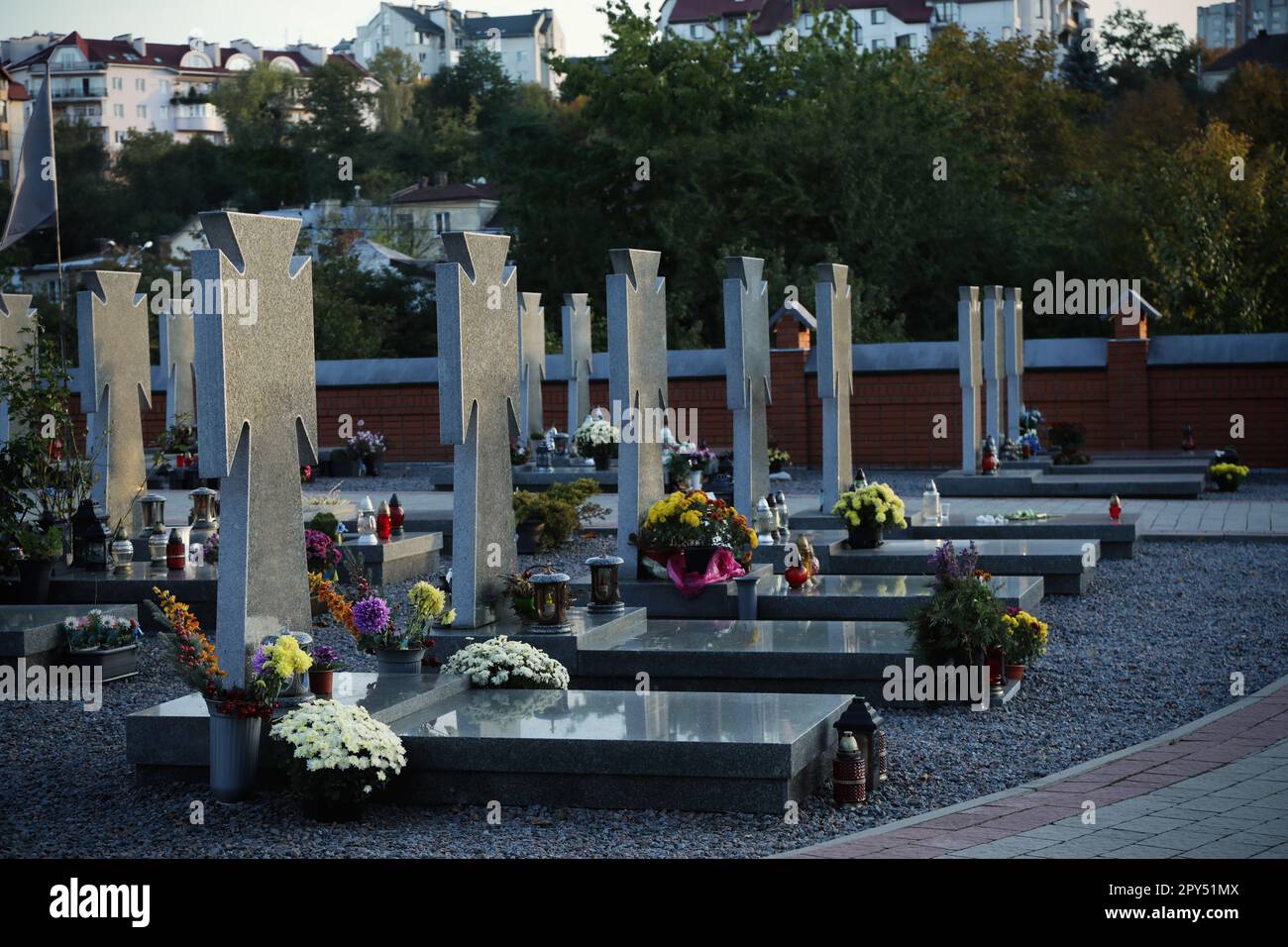 Many granite tombstones on cemetery. Funeral ceremony Stock Photo - Alamy