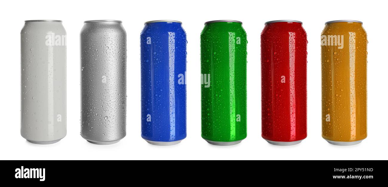 Set with different colorful aluminium cans of beverage on white ...