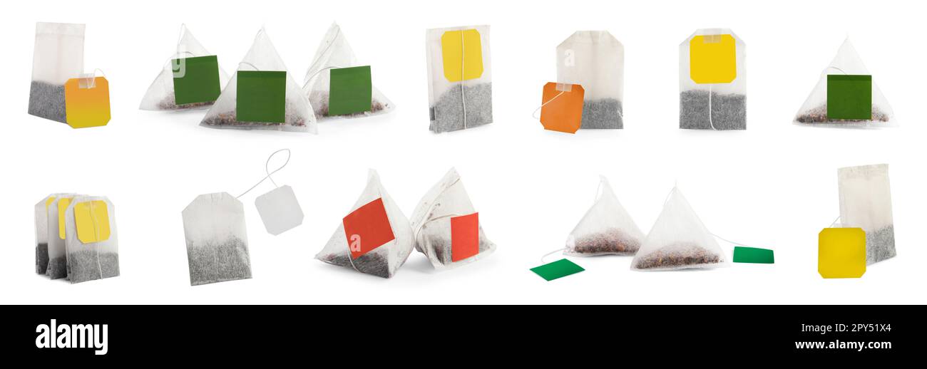 Set with different tea bags on white background. Banner design Stock ...
