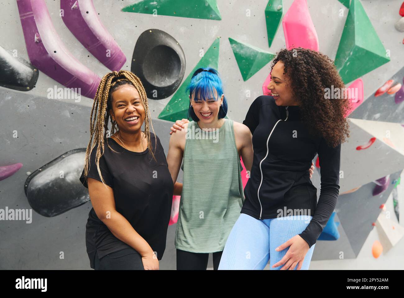 Portrait of group of smiling female multi-cultural friends by climbing ...