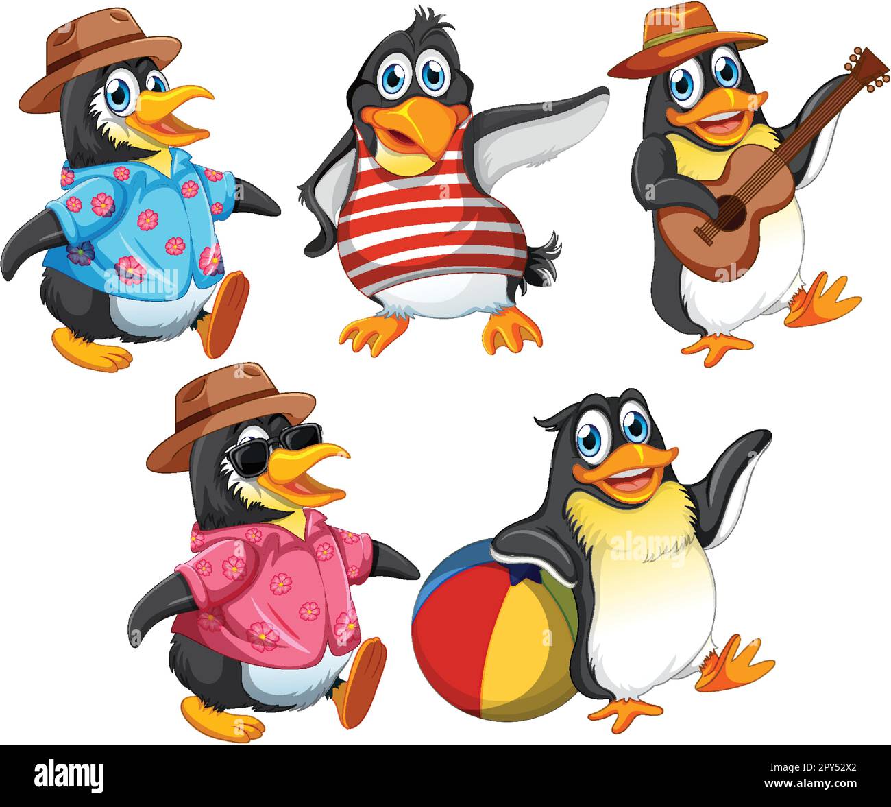 Penguin Cartoon Characters in Summer Theme illustration Stock Vector ...
