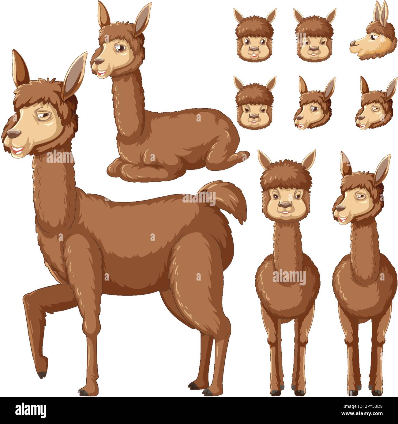 Set of alpaca cartoon character with head and facial expression ...