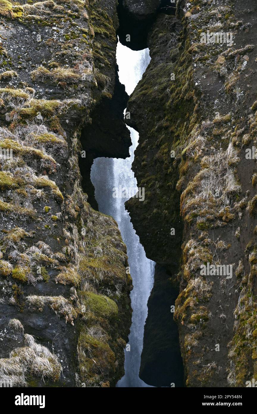 Hidden waterfall Gljufrabui on the south coast of Iceland Stock Photo ...