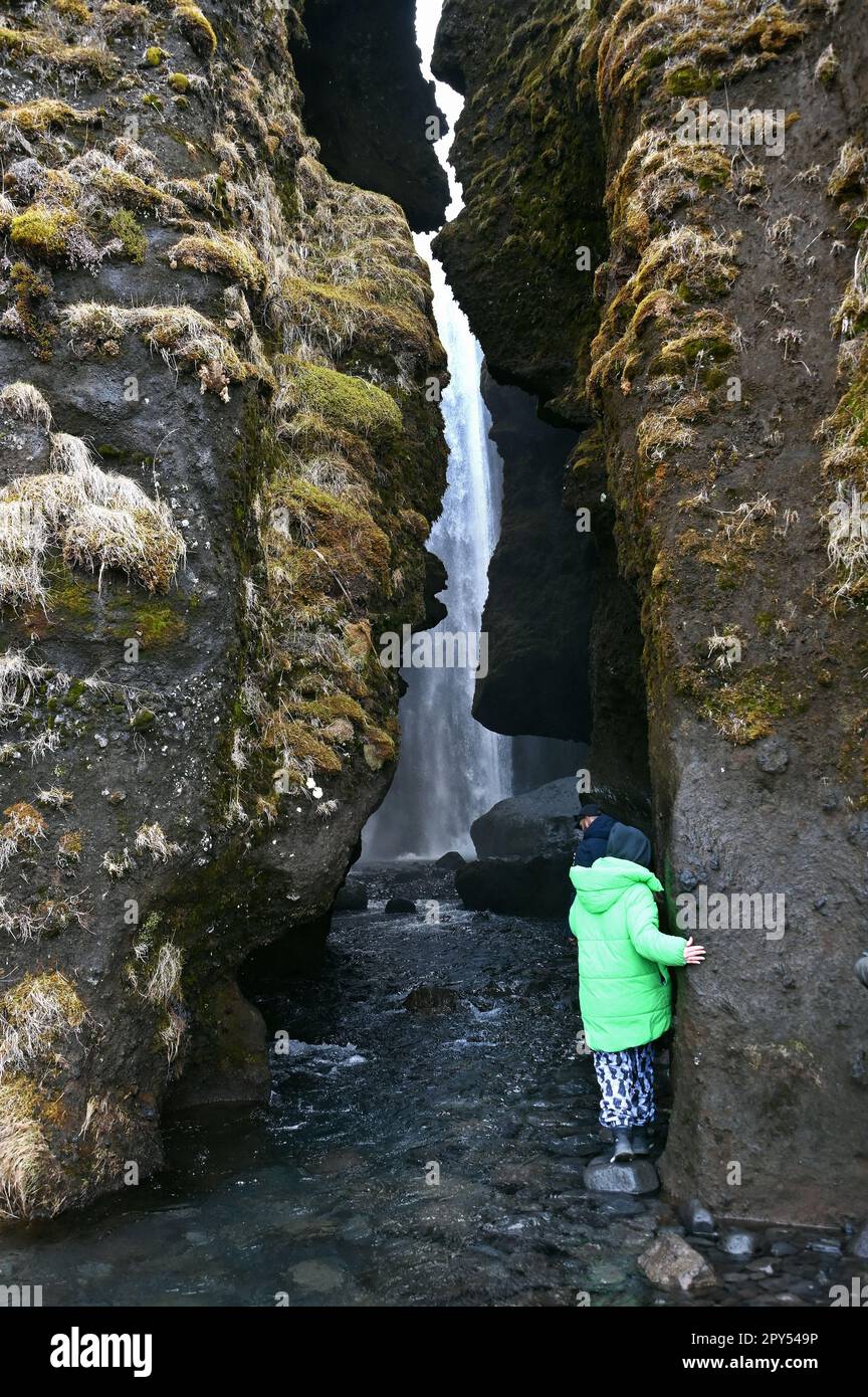 Hidden waterfall Gljufrabui on the south coast of Iceland Stock Photo ...