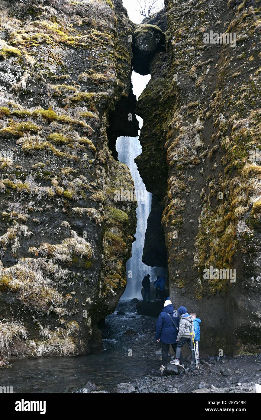 Hidden waterfall Gljufrabui on the south coast of Iceland Stock Photo ...