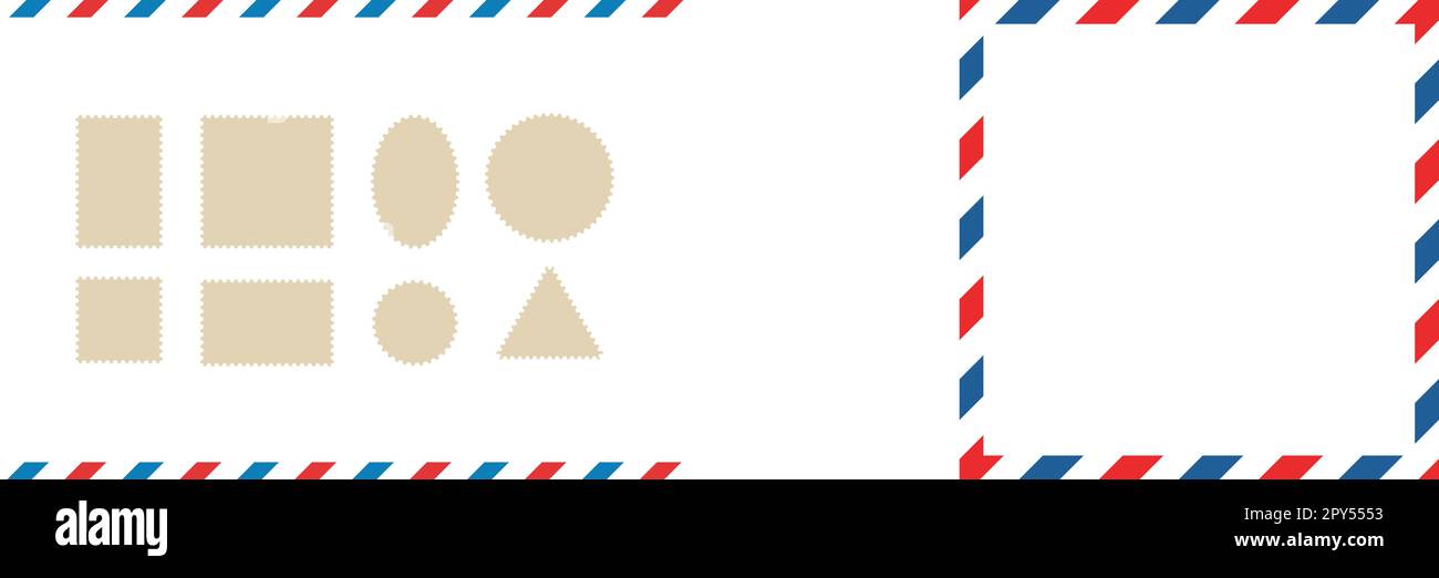 Airmail envelope frame with blue and red stripes and postage stamps ...