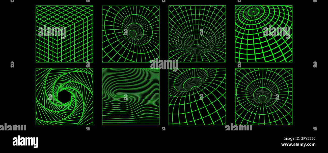 3D wireframe posters with geometric shapes and grids in trendy retro ...