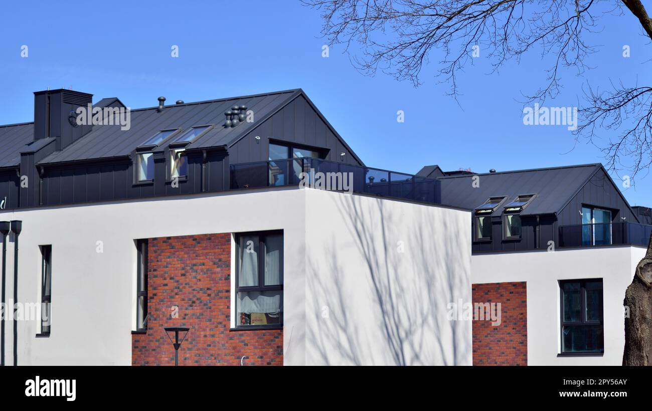Terraced family homes in newly developed housing estate. The real ...