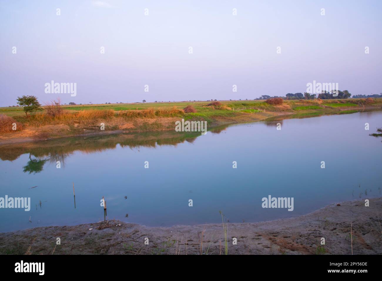 Arial View Canal with green grass and vegetation reflected in the water ...