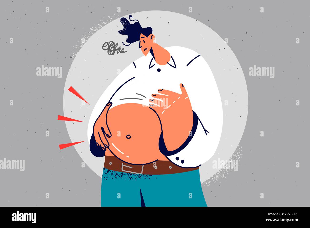 Overweight man with big belly suffer from excessive weight. Unhappy ...