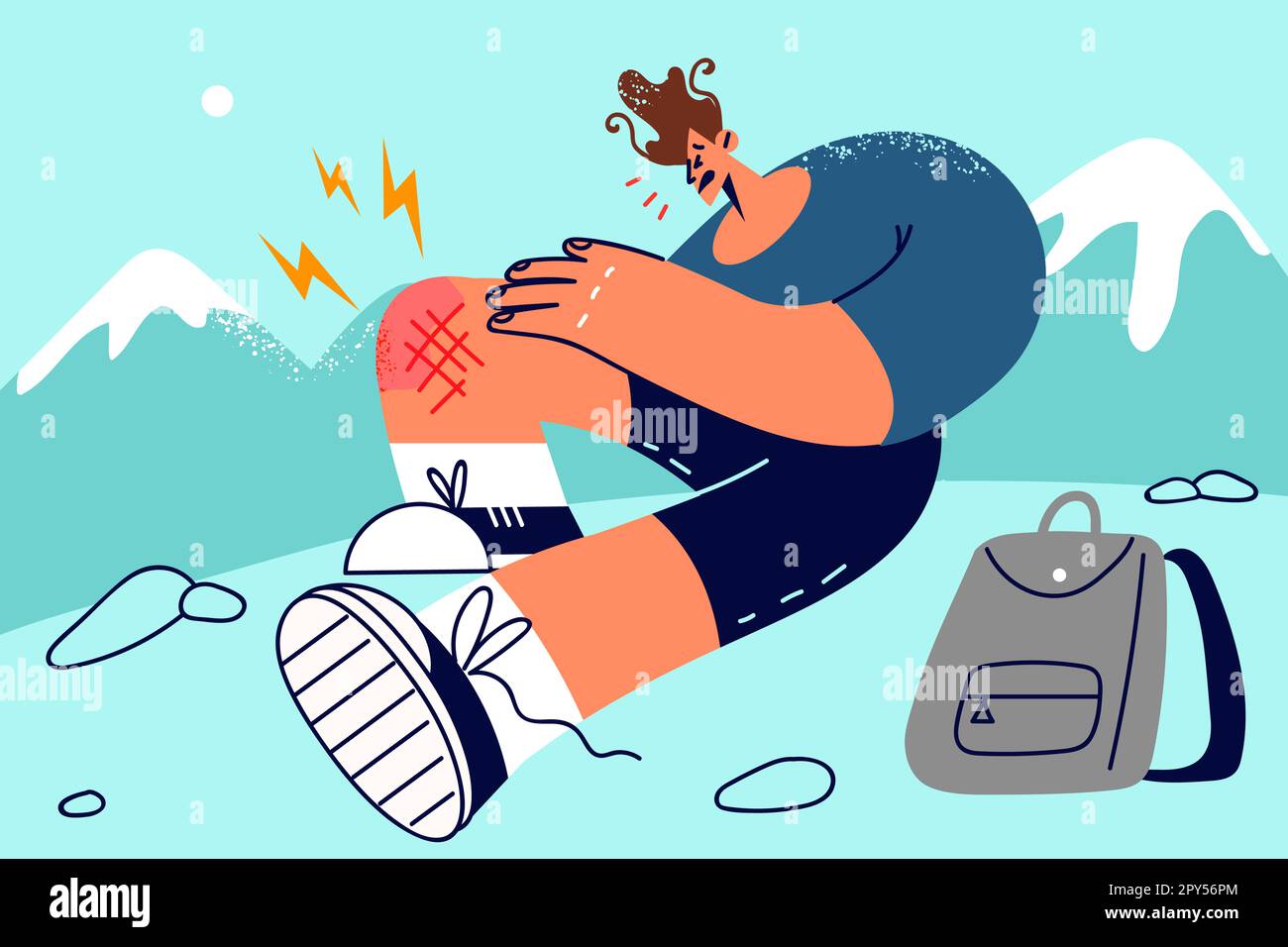 Unhealthy man fall in mountains suffer from leg injury. Male struggle ...