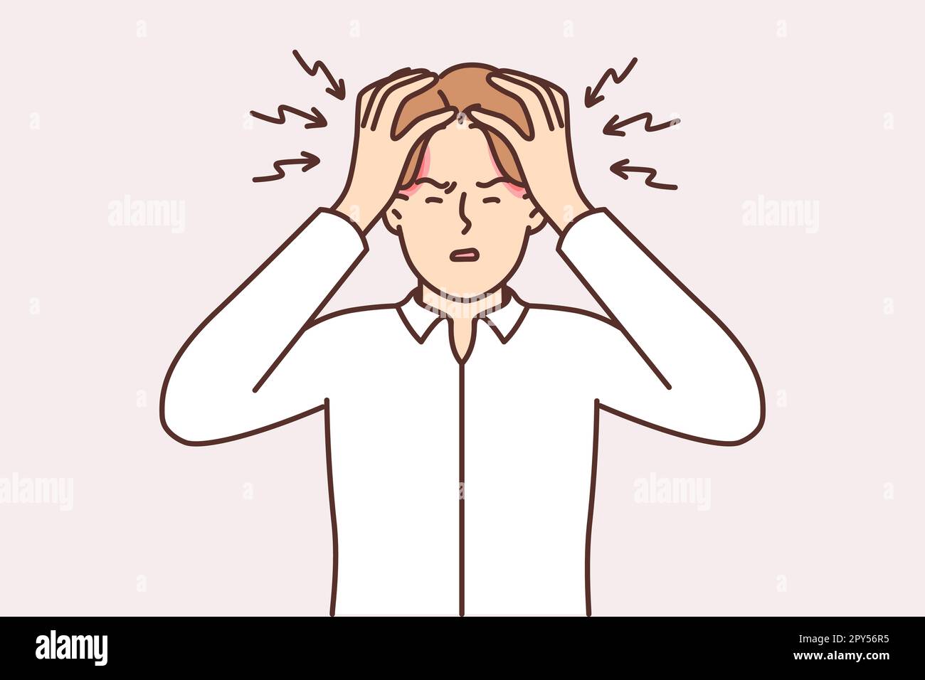 Tormented man clutches head and squints due to overworking or large ...