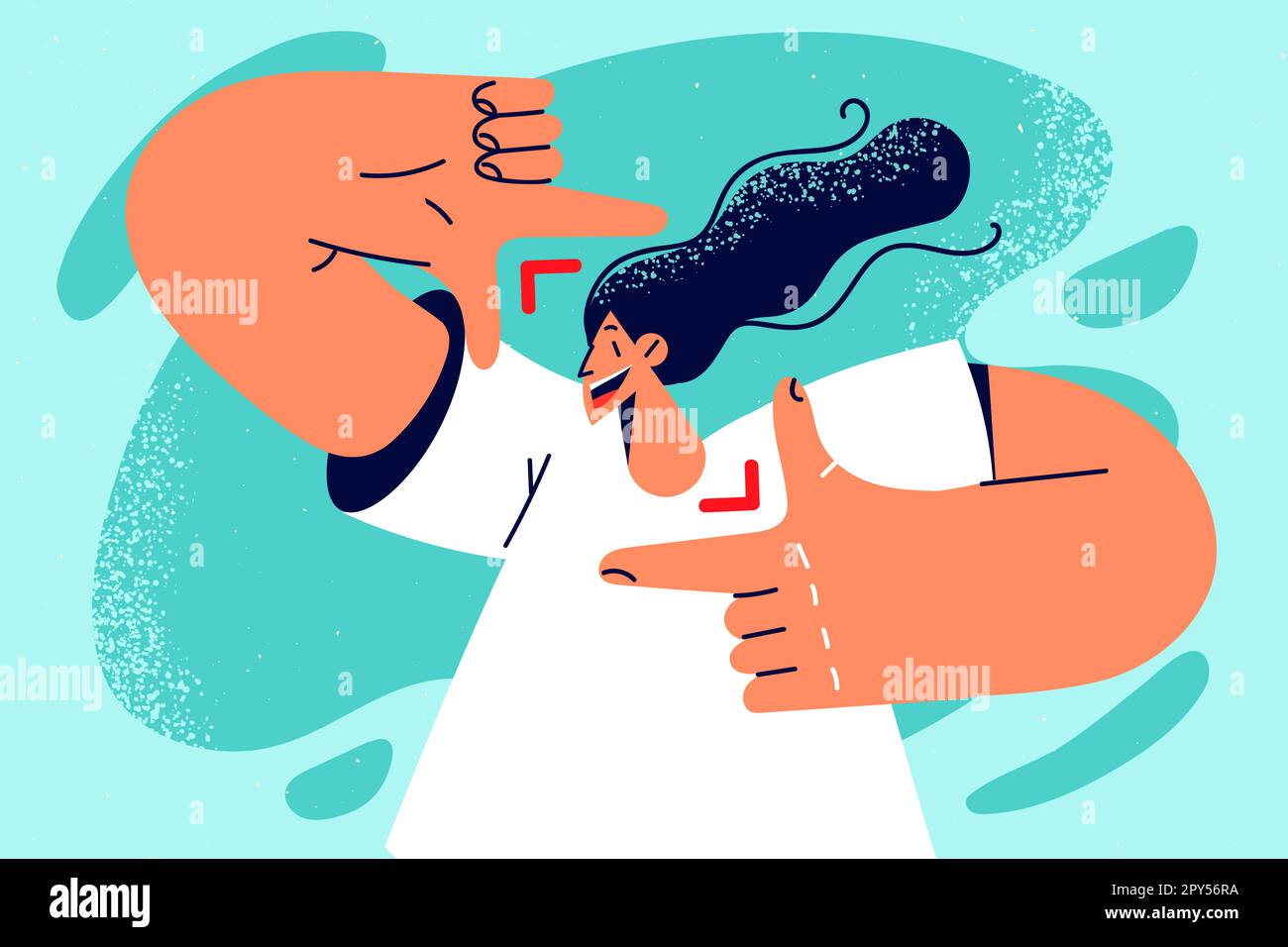 Smiling girl make hand gesture taking self-portrait picture. Happy ...