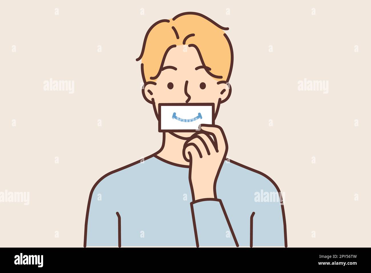 Man puts piece of paper with image of smile to mouth, wanting to fake ...